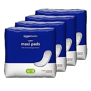 Amazon Basics Thick Maxi Pads for Periods, Super Absorbency, Unscented, 192 Count (4 Packs of 48) (Previously Solimo)