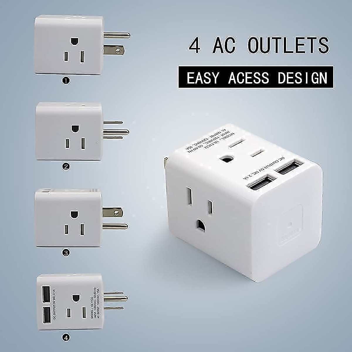 2 PCS Multi Plug Outlet Extender,Plug Adapter,Wonplug Multiple Plug Outlets with 4 AC Electrical Sockets,3 Prong to 2 Prong Adapter USA Portable Design for Home Office Hotel Travel,White