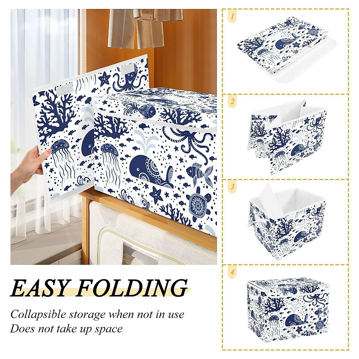 ALAZA Storage Bins Organizer Box Baskets Lidded Clothes for Shelves Closet Underwater Jellyfish Starfish Turtles Collapsible Stackable Storage Cubes Handles