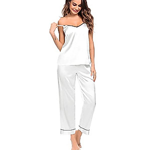 SWOMOG Women's Satin Pajamas Set V-Neck Cami Top and Capris Pants Silk Sleepwear Pjs Set White