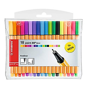 Fineliner - STABILO point 88 MINI - Wallet of 18 - Assorted Colors incl 5 Neon