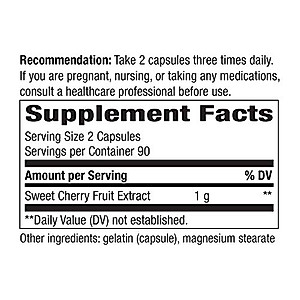 Nature's Way Cherry Fruit, Sweet Cherry Extract, Supports Antioxidant Pathways*, 1,000 mg Per Serving, 180 Capsules