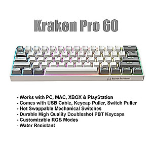 Kraken Pro 60 Wolf Edition 60% Grey & White Mechanical Keyboard and Matching XXL Gaming Mouse PAD (White Gaming Setup)