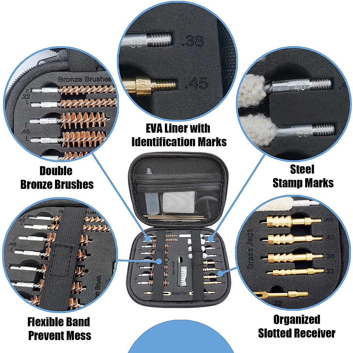 Angeebin Handgun Cleaning Kit for .22 .38/.357/9mm .40 .45 Caliber, Universal Pistol Gun Brush with Bronze Bore Brush, Brass Jag and Slotted Adapter (Set 26-Piece)