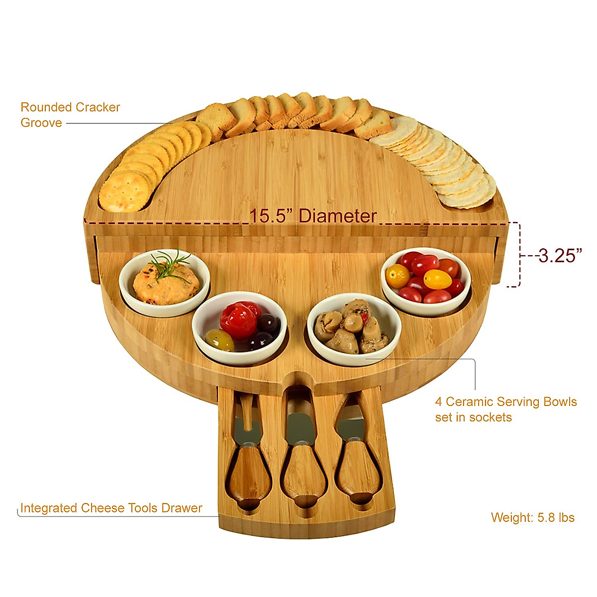 Personalized Engraved Bamboo Cheese/Charcuterie Board with Accessories - Innovative Patented Design - Designed & Quality Assured by Picnic at Ascot USA