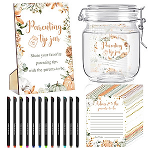 Suzile 76 Pcs Baby Shower Game Prizes Advice Baby Shower to Baby Parenting Tip Jar Sign for New Parents 60 Cards 12 Pens 2 Cute Stickers 1 Pet Bottle for New Parents Guest Party(Pumpkin Theme)