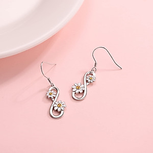 Silver Infinity Daisy Drop Earrings - S925 Sterling Silver Delicate Infinity Sign Daisy Jewelry Dangle Earrings for Women, Christmas Gifts Infinity Symbol White Daisy Flowers Drop Earring for Girls