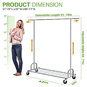 HOKEEPER Clothing Garment Rack with Shelves Capacity 450 lbs Clothing Racks on Wheels Rolling Clothes Rack for Hanging Clothes Heavy Duty Portable Collapsible Commercial Garment Rack Chrome