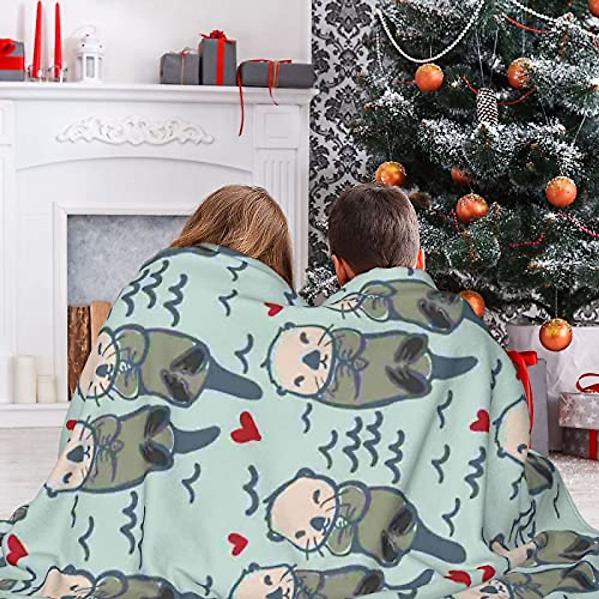 Premium Sea Otters Throw Blankets for Boys Girls,Cute Funny Sea Otter Couple on Blue Blankets for Couch Bed Sofa,Luxury Fuzzy Plush Fluffy Soft Fleece Blankets and Throws for Adults Kids,50"X40"