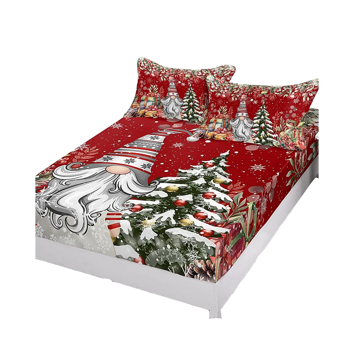 Red Christmas Fitted Sheet Set for Full Size Bed,Gnome Xmas Tree 3 Pieces Bedding Deep Pocket Bedsheet Fits Mattress Up to 16",Bottom Sheets for Bedroom Decor,Botanical Leaves
