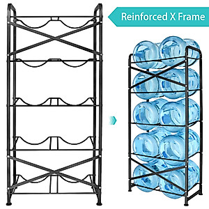 Ationgle 5 Gallon Water Bottle Holder for 10 Bottles, 5 Tiers Heavy-Duty Water Cooler Jug Rack with Reinforcement Frame for Kitchen Office, Black