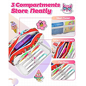 Trendy Fun for Large Pencil Case Big Capacity 3 Compartments Pencil Pouch Cute Cartoon Design Aesthetic Pen Bag with Zipper for Girls Teens Estuche para Lapices Sticker +Pen+ ID Badge Holder+Lanyard