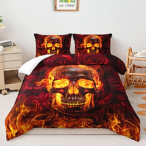 AILONEN Sugar Skull Comforter Set Twin Size,Red and Black Fire Skull Bedding Set,Romantic Red Rose Gothic Skeleton Comforter with 2 Pillowcases,3-Piece