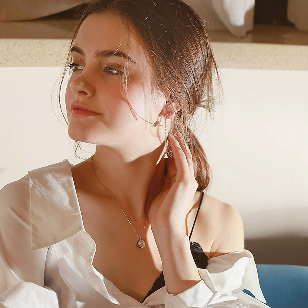 JOERICA 9 Pairs Threader Earrings for Women Stainless Steel Chain Tassel Earrings Lightweight Wave Threader Ball Dangle Drop Minimalist Chain Earrings Set