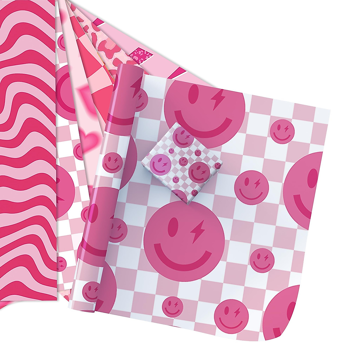 Lide Road Preppy Wrapping Paper Set, 12 Sheets Preppy Pink Smile Face Gift Wrapping Paper Pig Birthday Party Supplies for Preppy Y2k Female Bachelorette Party Decorations 20'' x 27''