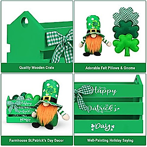 St Patricks Day Decorations for Home, Green Wooden Crate with Irish Plush Gnome & 3 Clover Pillows, Happy St Patrick‘s Day Table Centerpiece, Shamrock Tiered Tray Decor Table Mantle Shelf Irish Gifts