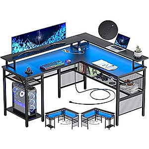 Unikito L Shaped Desk with LED Strip and Power Outlets, 2 Person Computer Desk with LED Light and Power Outlet, Double Gaming Desk,Black