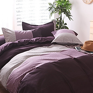 Tenghe Stripe Colorblock Print 3 Pcs Duvet Cover Sets Soft Reversible Bedding Cover Brushed Microfiber Full Queen Size(King,Purple Stripe)