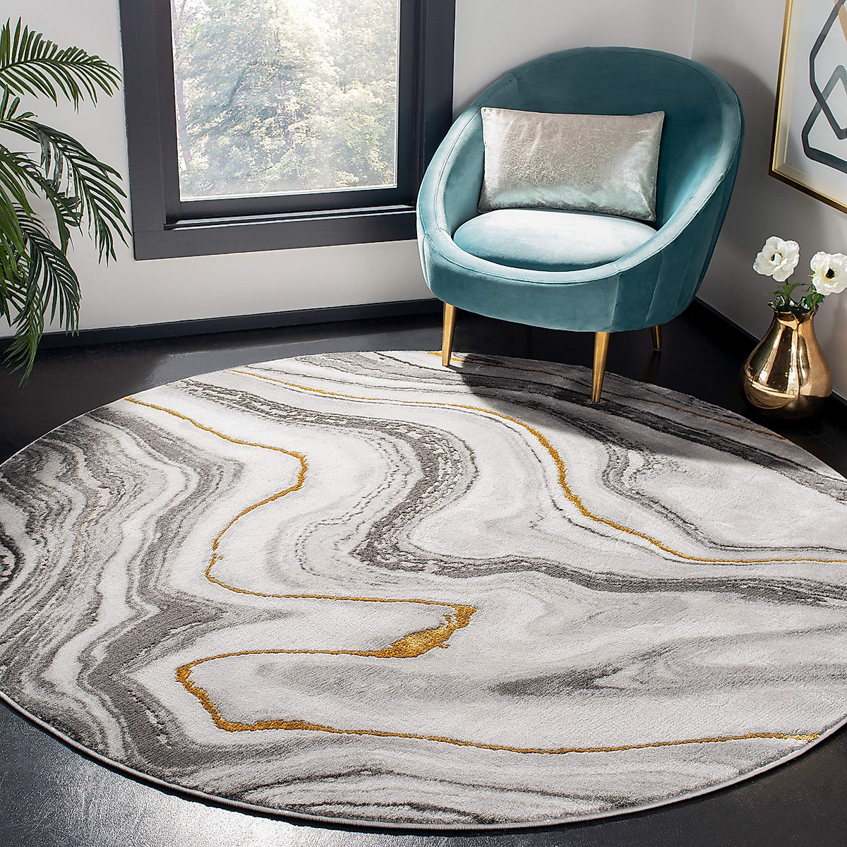 SAFAVIEH Craft Collection Area Rug - 9' Round, Grey & Gold, Modern Abstract Design, Non-Shedding & Easy Care, Ideal for High Traffic Areas in Living Room, Bedroom (CFT819F)