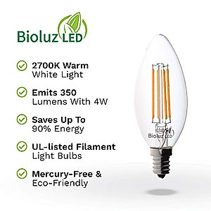 Bioluz LED 40W Filament Candelabra Bulb, E12 Base High Efficiency LED Candle Bulbs, UL Listed, Pack of 12