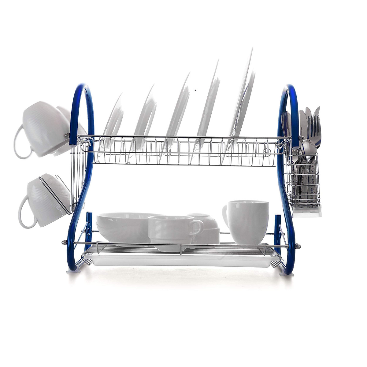 Megachef Iron Wire Contemporary Dish Drying Rack with Included Hangers, Utensil Compartment, and Drip Tray, 16 Inch, Blue and Silver Chrome