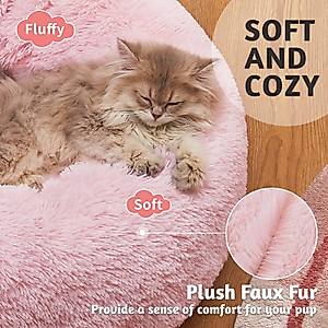 OhGeni Calming Donut Dog & Cat Bed, Machine Washable Plush Warming Bed, Anti-Slip Round Cuddle Comfort Pet Bed, Cozy Fluffy Faux Fur Bed for Small Dogs, Pink, 20 inches