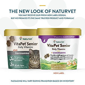 NaturVet VitaPet Senior Daily Vitamins for Cats Plus Glucosamine, Specifically Formulated to Provide Essential Minerals, 90 g, 60 Count