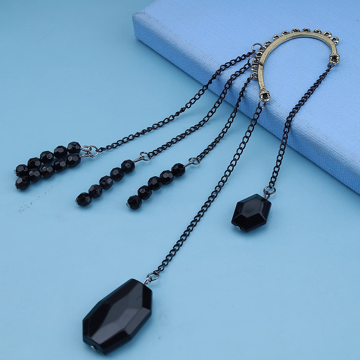 Aneneiceera Boho Black Gem Ear Wrap Earrings Gold Pearl Ear Cuff Earrings Long Drop Tassel Black Beads Earrings Festival Gothic Earrings Non Piercing Ear Climber Cartilage Earrings for Women