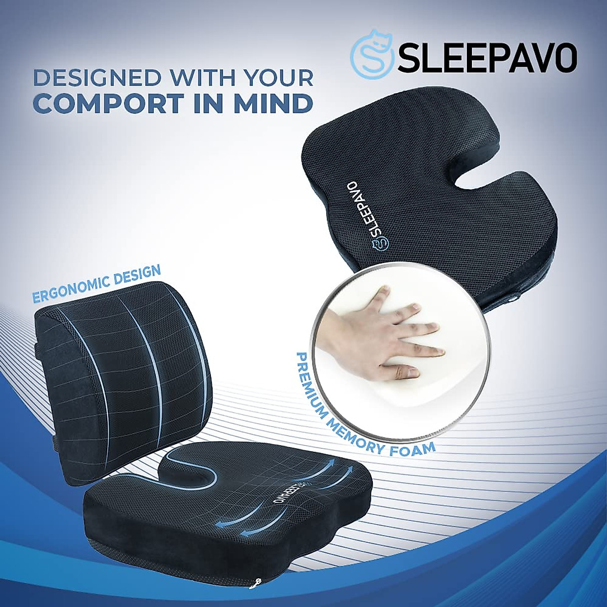 Sleepavo Memory Foam Cooling Gel Seat Cushion for Office Chair - Back & Butt Pillow for Sciatica Tailbone Coccyx Hip Pain Relief for Gaming, Car & Airplane - Padded Lumbar Support Pillow for Coxyx