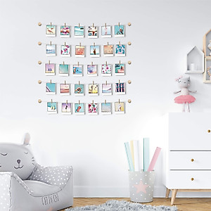 BIZYAC Hanging Photo Display Room Wall Decor - Sculptural Picture Frames Collage - 5 Strings with 30 Clips - 3M Self Adhesive Hooks - No Holes Drilling - 30 x 30 inch