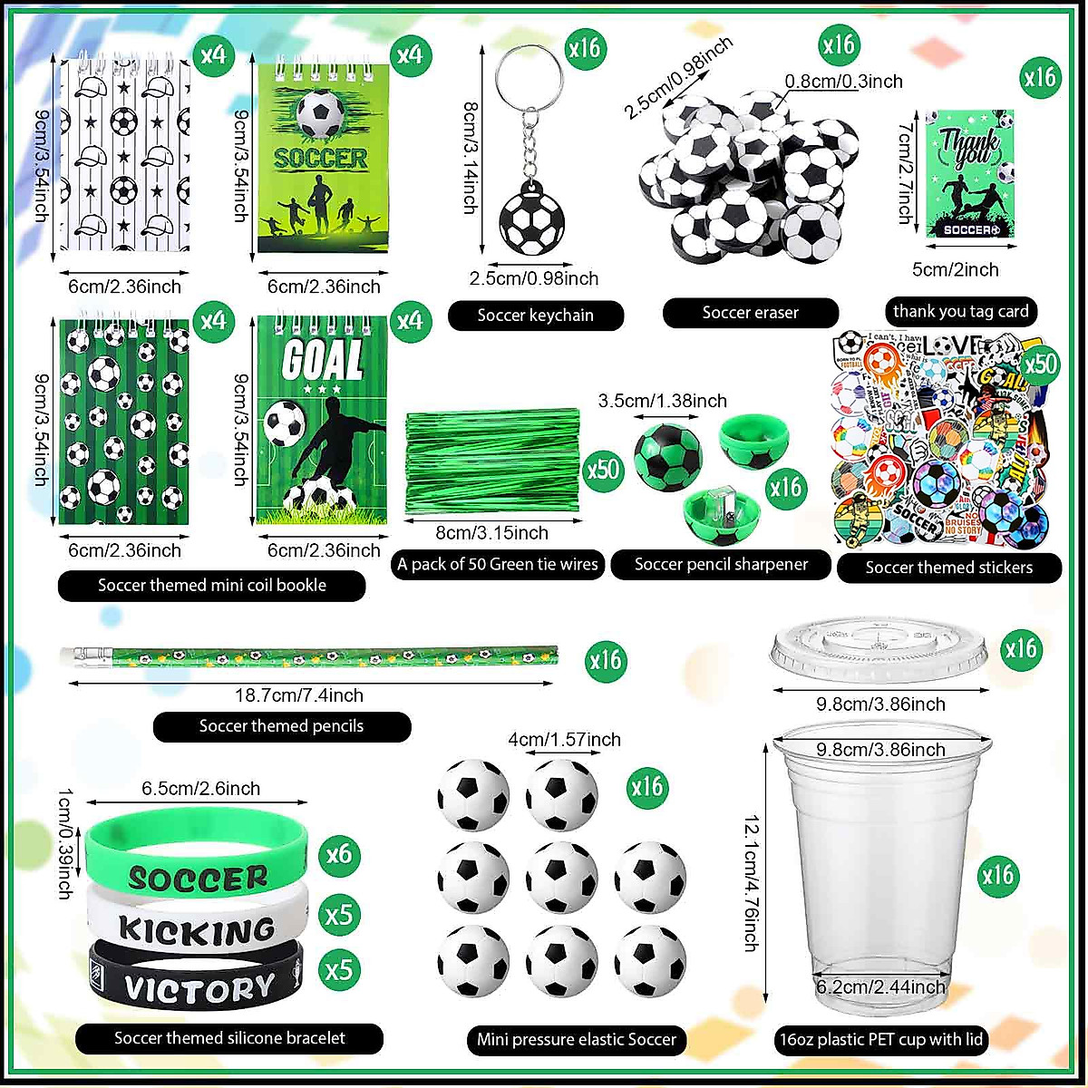 Colarr 195 Pcs Soccer Birthday Gifts Party Favors Gift Cups Pencils Mini Book Keychains Wristbands Stickers Thank You Cards Eraser Sharpener Mini Ball for Basketball Football Soccer Party