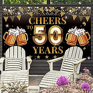 Cheers to 50 Years Backdrop Banner, Happy 50th Birthday Decorations for Men Women, 50th Anniversary Decorations, 50th Reunion, Black Gold 50 Years Celebration Party Decor, Vicycaty (6.1ft x 3.6ft）