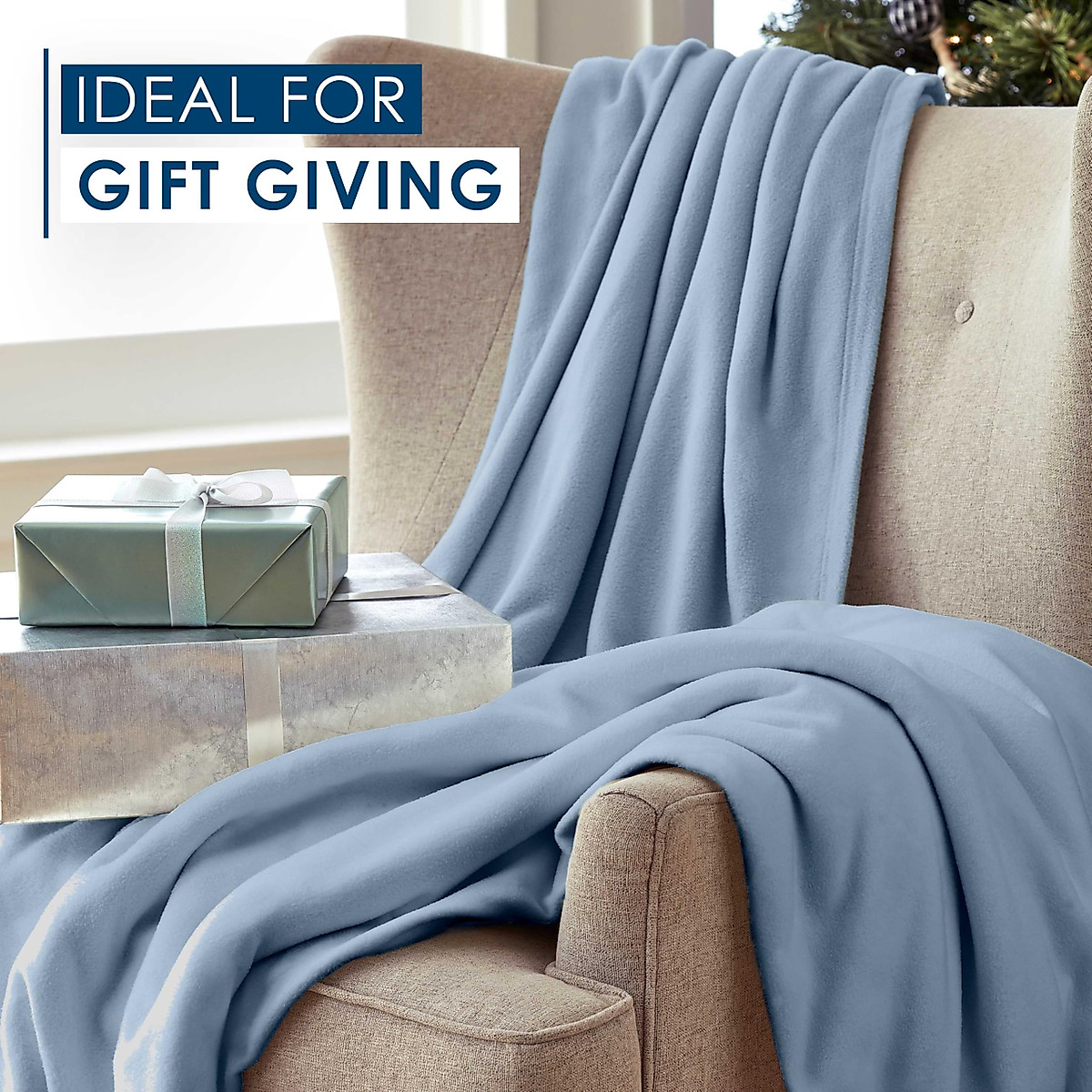 Martex 1B06870 Super Soft Fleece Lightweight Reversible Cozy Warm Sofa Blanket Low Lint Luxury Hotel Style All Seasons Layering Solid Pet Friendly Queen Size Bed and Couch Blankets, Full Queen, Blue