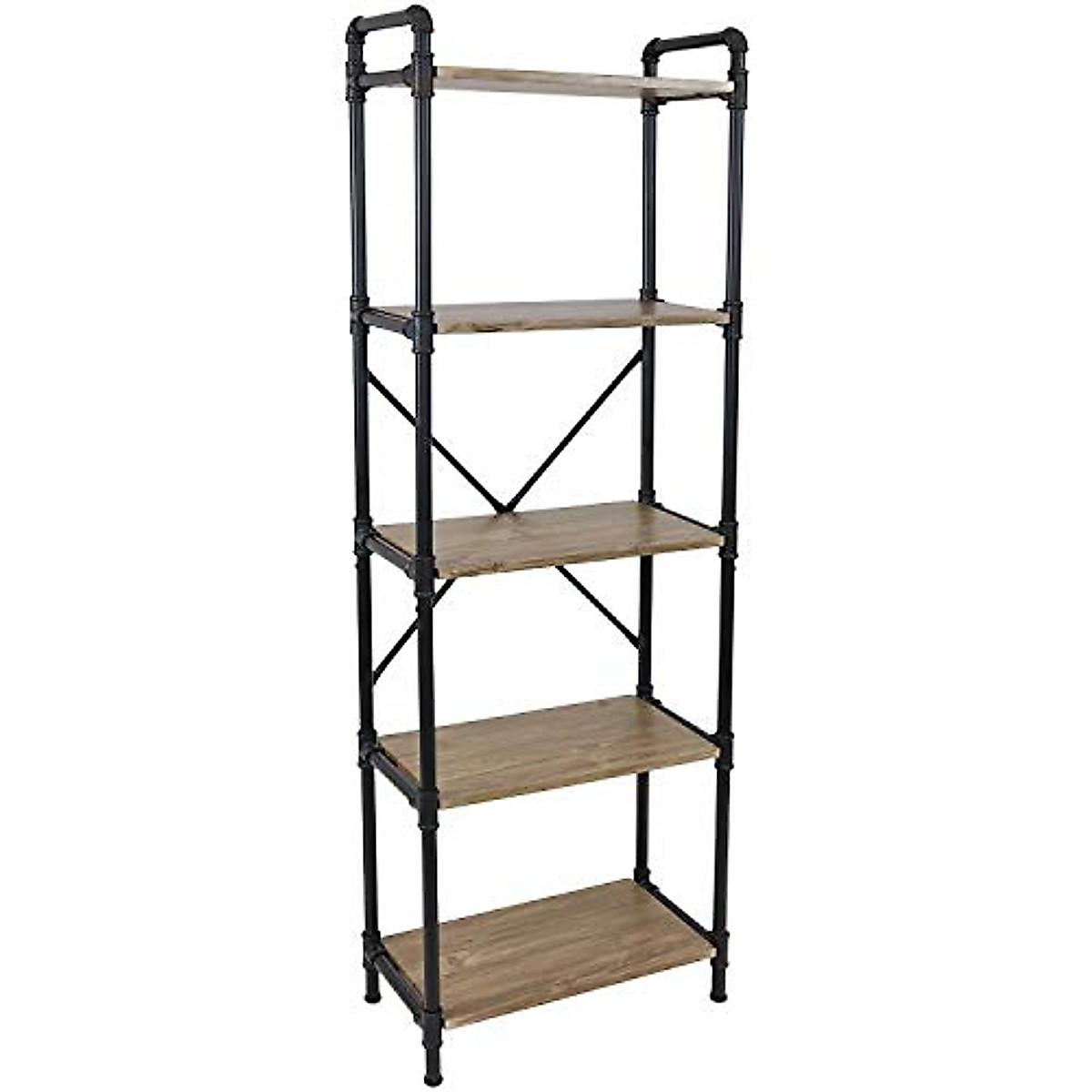 Sunnydaze 5-Tier Freestanding Industrial Bookshelf for Living Room - Black Pipe Style Frame with Wood Veneer Shelves - Brown