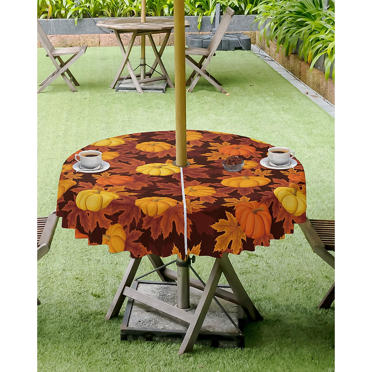 Thanksgiving Outdoor Tablecloths with Umbrella Hole and Zipper, Fall Pumpkin Maple Leaves Orange Yellow Brown Waterproof/Stain Resistant Round Table Cloth 54'' Patio Table Cover for Picnic/Party