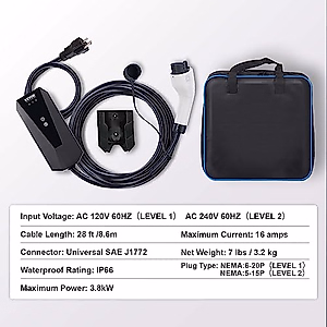 VEVOR Level 1+2 Portable EV Charger, 16 Amp 120V or 240V, Electric Vehicle Charger with 28-Foot Charging Cable NEMA 6-20P Plug NEMA 5-15 Adapter, Plug-in Home EV Charging Station for SAE J1772 EVs