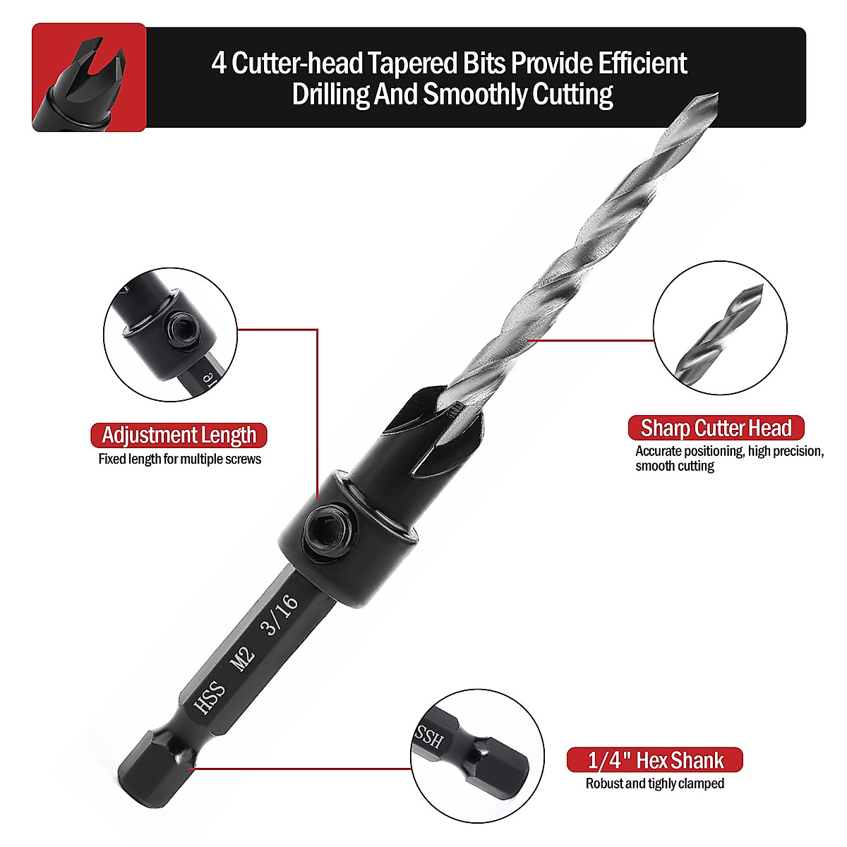 AIMLENTOOL Countersink Drill Bit Set, 5PCS Tapered Drill Bits, M2 Countersink Set with 1/4" Hex Shank Quick Change and 1 Allen Wrench for Woodworking, Pilot Screw Hole Set for Soft & Hard Wood