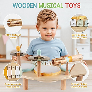 Kids Drum Set, Montessori Musical Instruments for Toddlers 1-3, Wooden Musical Toys for Baby 12-18 Months, Preschool Educational Xylophone Drum Kit, Birthday Gift for Boys Girls Ages 3+
