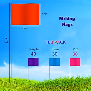 100 Pack Marking Flags Marker Flags for Lawn 4-Inch by 5-Inch Stake Flags with 16-Inch Wire Staffs (3 Colors B)