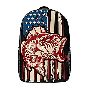 ONE TO PROMISE American Flag Backpacks Vintage Jumping Bass Fish Fishing on American Flag Shoulder Student Bookbag Laptop Backpack Travel Hiking Camping Daypack for Teens Women Men with Side Pockets