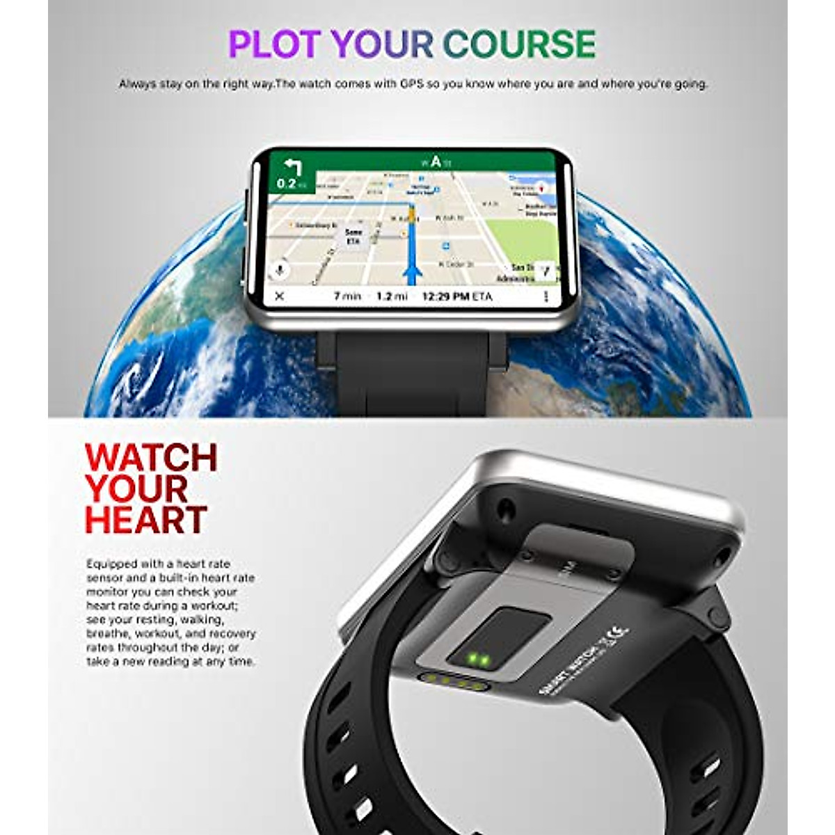 Rainbuvvy Smart Watch Men 3GB +32GB 2700mAh 2.86" Large Screen with Face ID Camera GPS WiFi 4G Android Smartwatch Phone (Silver)