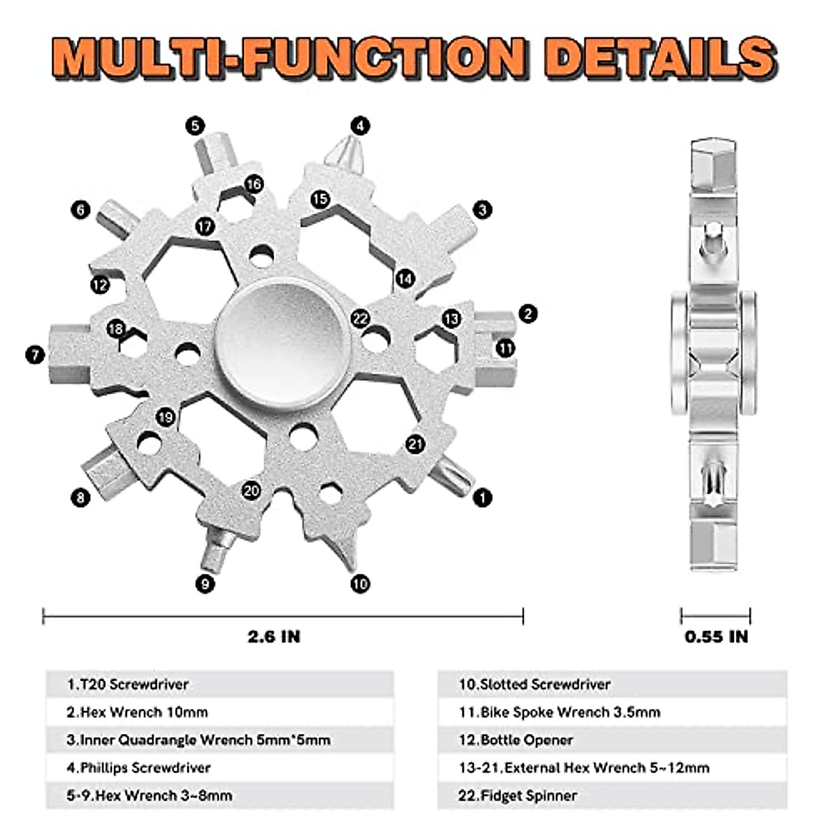 Snowflake Multitool,23-in-1 Multi Tool for Men with Fidget Spinner Function,Cool Gadgets for Men Dad Husband Boyfriend,Multitool for Outdoor,Cycling,Skiing