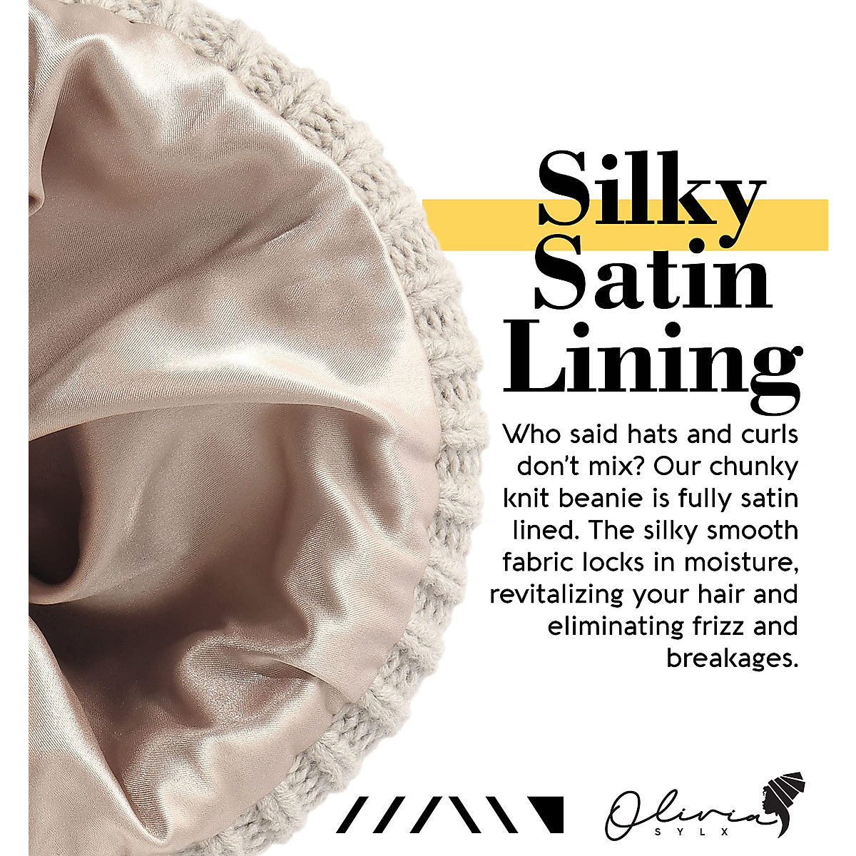 Olivia Sylx Chunky Satin Lined Beanie for Women - Winter Hat - Warm Slouchy Knit Beanie - Beige