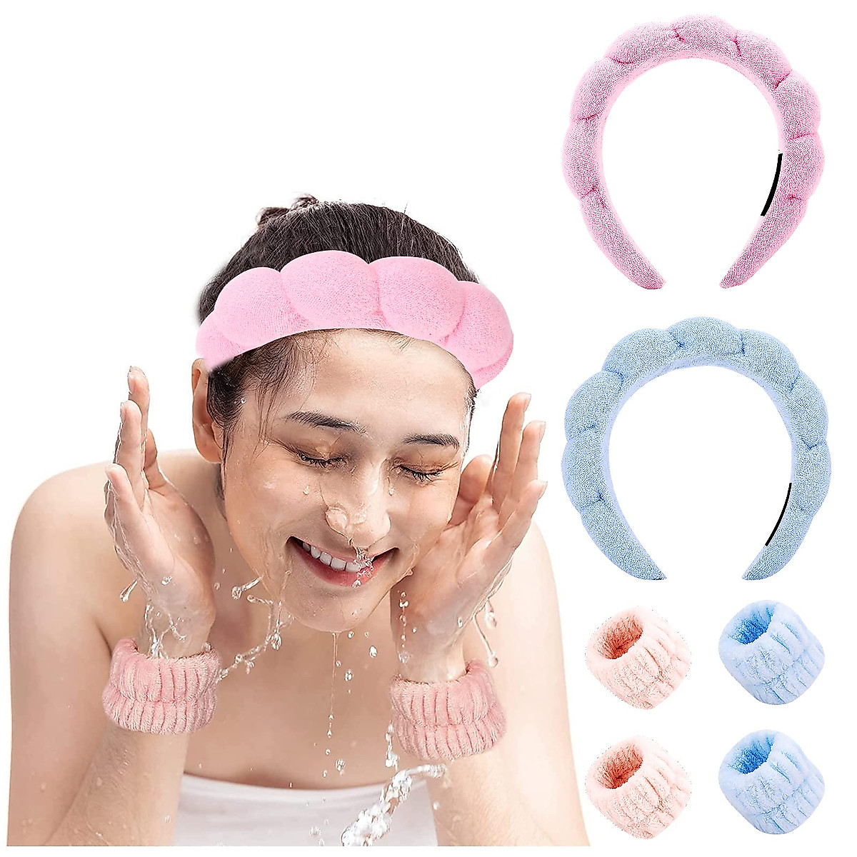 XBagSJ 2Pack SPA Headband for Washing Face, Puffy Headband, Face Wash Headband and Wrist Washband Set, Soft and Comfortable, Makeup, Shower, Skin Care headbands for Women Girls（Pink & Blue）