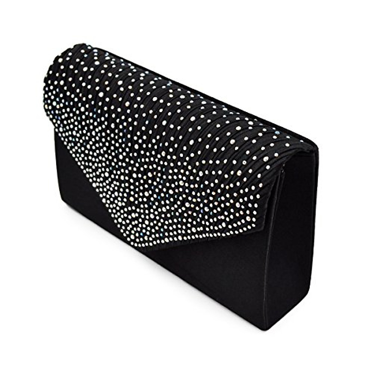 Premium Rainbow Rhinestones Pleated Front Satin Envelope Clutch Evening Bag, Black