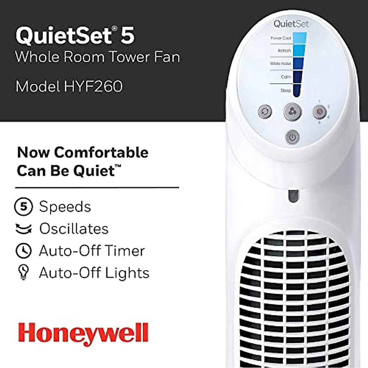 Honeywell QuietSet Oscillating Electric Tower Stand Fan 40”, Powerful and Quiet 5-Speeds with Remote Control, White - HYF260W (Renewed)