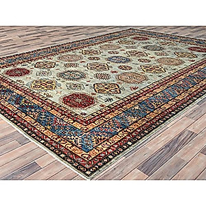 Shahbanu Rugs Light Gray Vegetable Dyes Dense Weave Soft Wool Hand Knotted Afghan Super Kazak with Geometric Medallions Oriental Rug (8'10"x12'1")