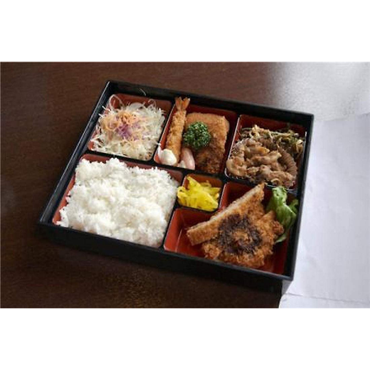 JapanBargain 1591, Red and Black Japanese Traditional Plastic Lacquered Lunch Bento Box 6 Compartments for Restaurant or Home Tray and Plate 2pc Set Made in Japan, 11.75"x9.5"