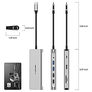 LENTION USB C Hub with 4K HDMI, SD 3.0 Card Reader, Gigabit Ethernet, Charging, USB 3.0/2.0 & Aux Port Compatible MacBook Pro, New Mac Air/Surface, More, Stable Driver Adapter (CB-C69, Silver)