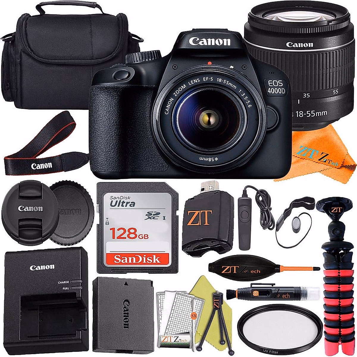 Canon EOS 4000D (Rebel T100) DSLR Camera 18-55mm Zoom Lens + ZeeTech Accessory Bundle with SanDisk 128GB Memory Card, Bag, Tripod and UV Filter (Renewed)